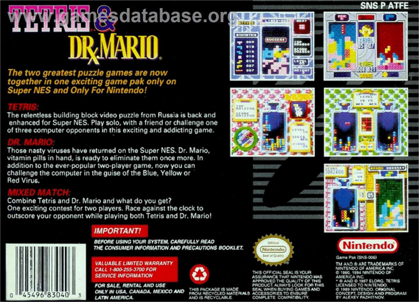 Tetris & Dr. Mario - Nintendo SNES - Artwork - Box Back